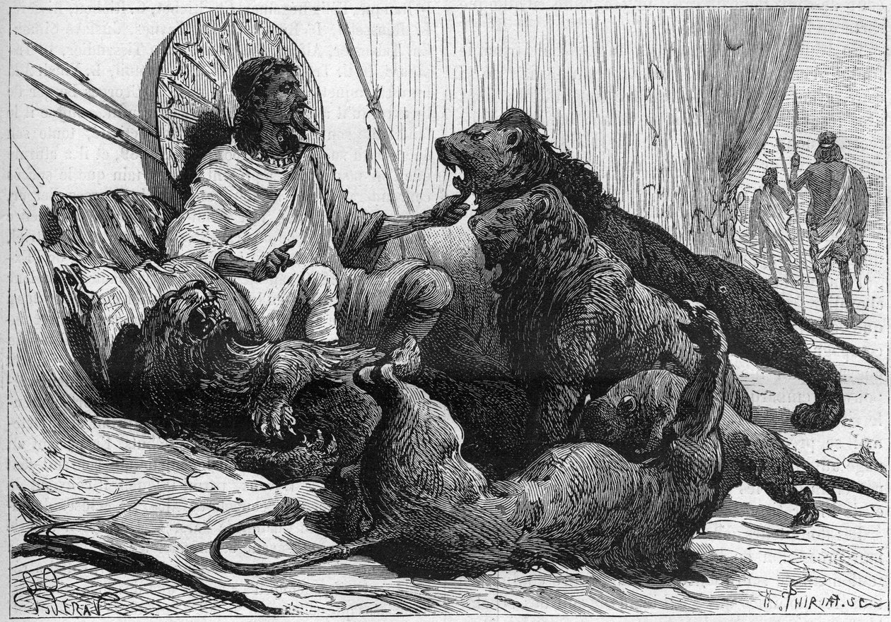 The Emperor Theodoros of Abyssinia surrounds his lions. In 'Nature' of 1888
