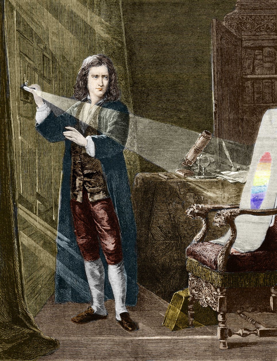 The English physicist Isaac Newton (1642-1727) decomposing light with a ...