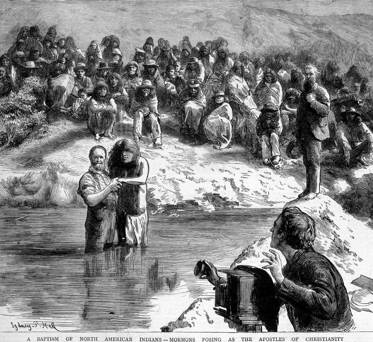 The baptism in North America of an Indian by a Mormon posing in front ...