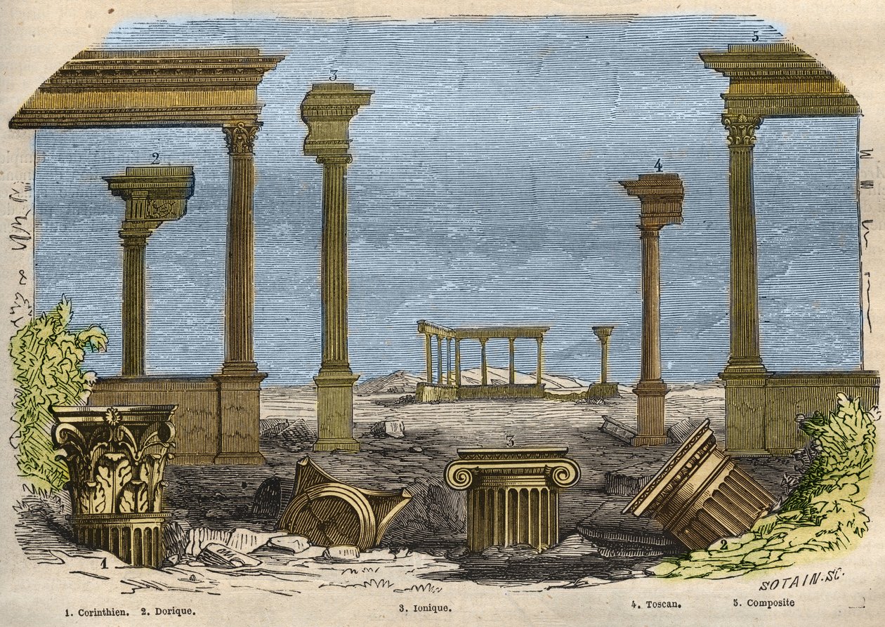 The five orders of classical architecture: Corinthian, Doric, Ionic, Tuscan and composite, each ...