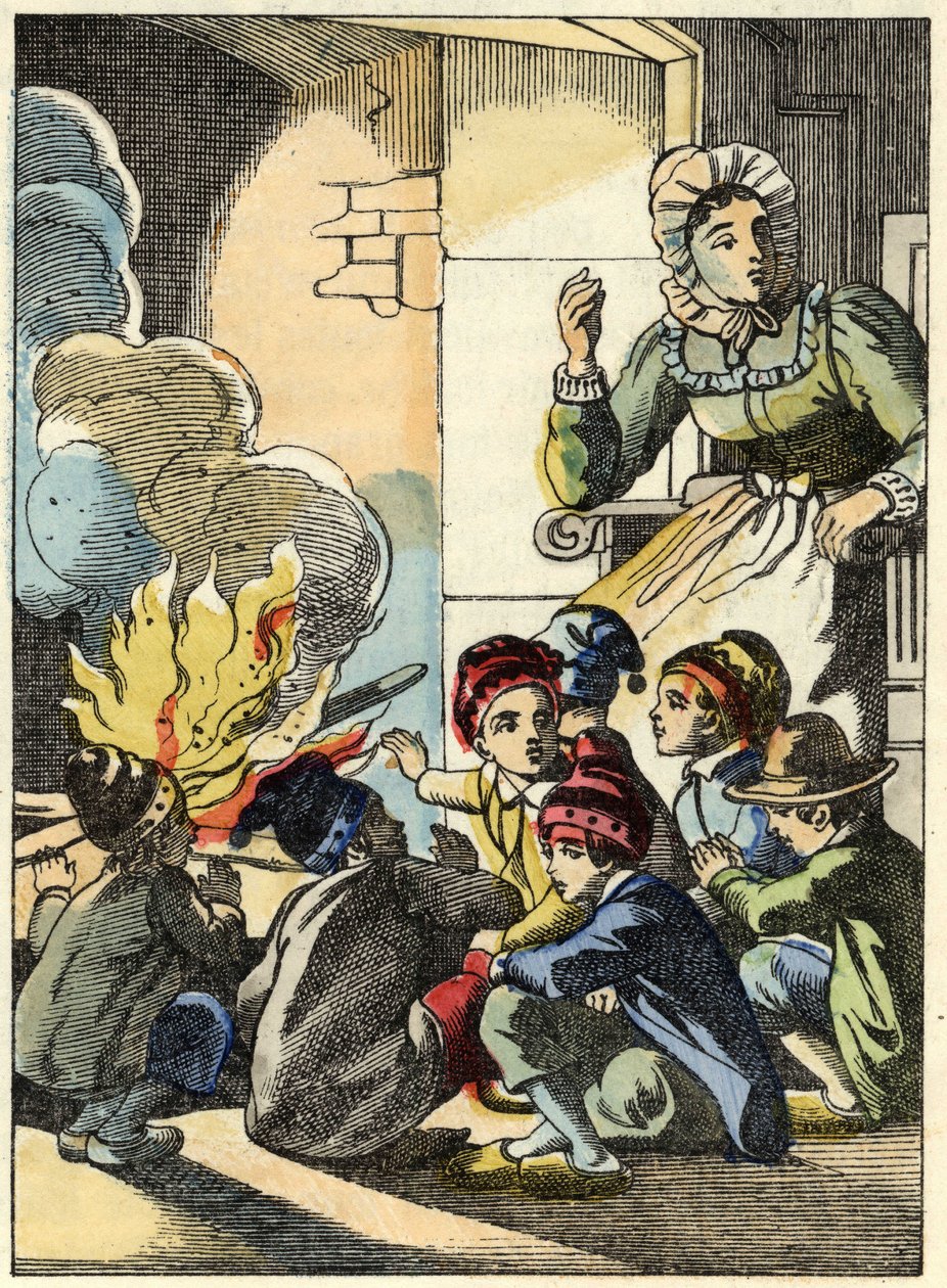 The ogre's wife heats the Little Poucet and his brothers with a fire ...