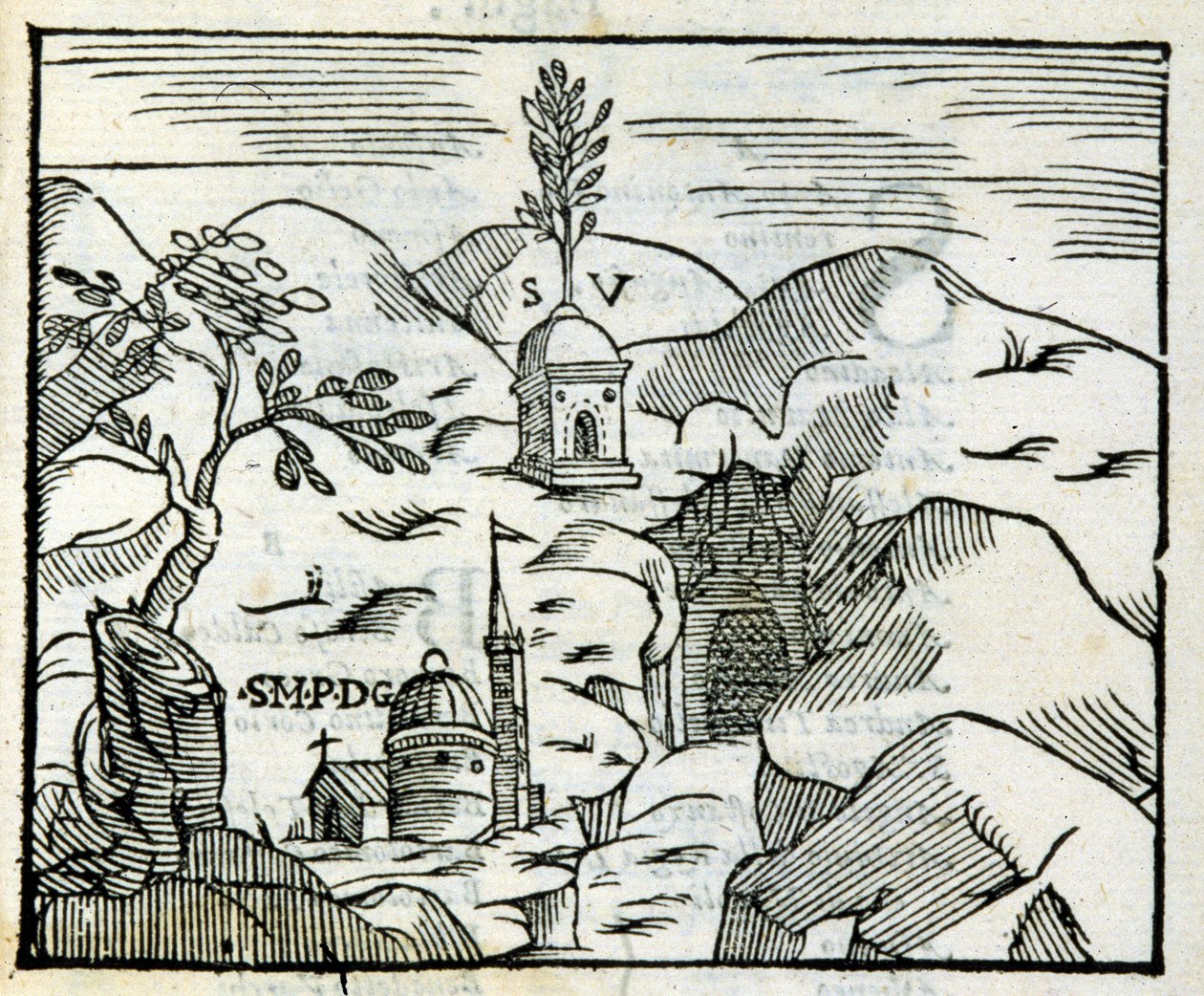 The tomb of Virgil in Pozzuoli. Xylography after a 17th century tourist ...