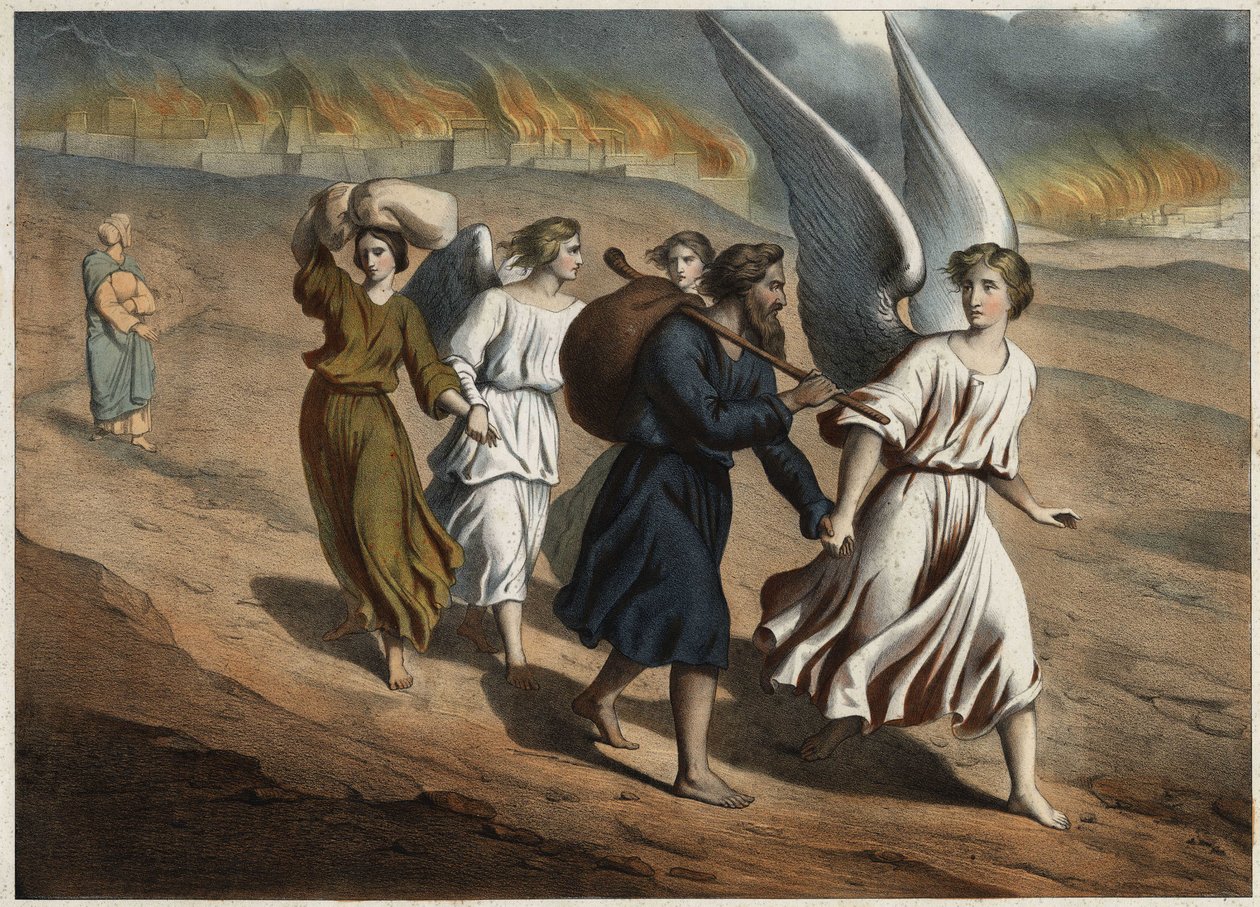 Two angels guide Lot and his daughters who must leave the city of Sodom ...