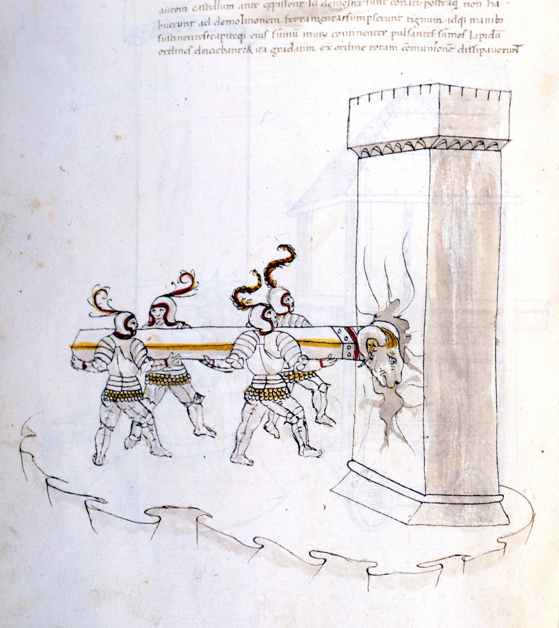 Use of a battering ram during an assault in the 16th century