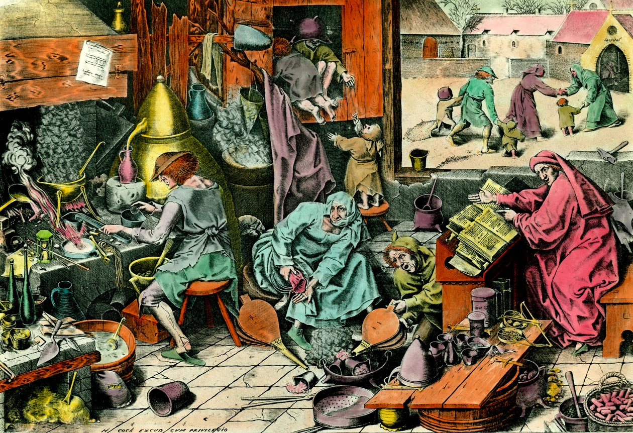 Alchemy Laboratory. An Alchemist Consulting a Grimoire. Engraving of ...