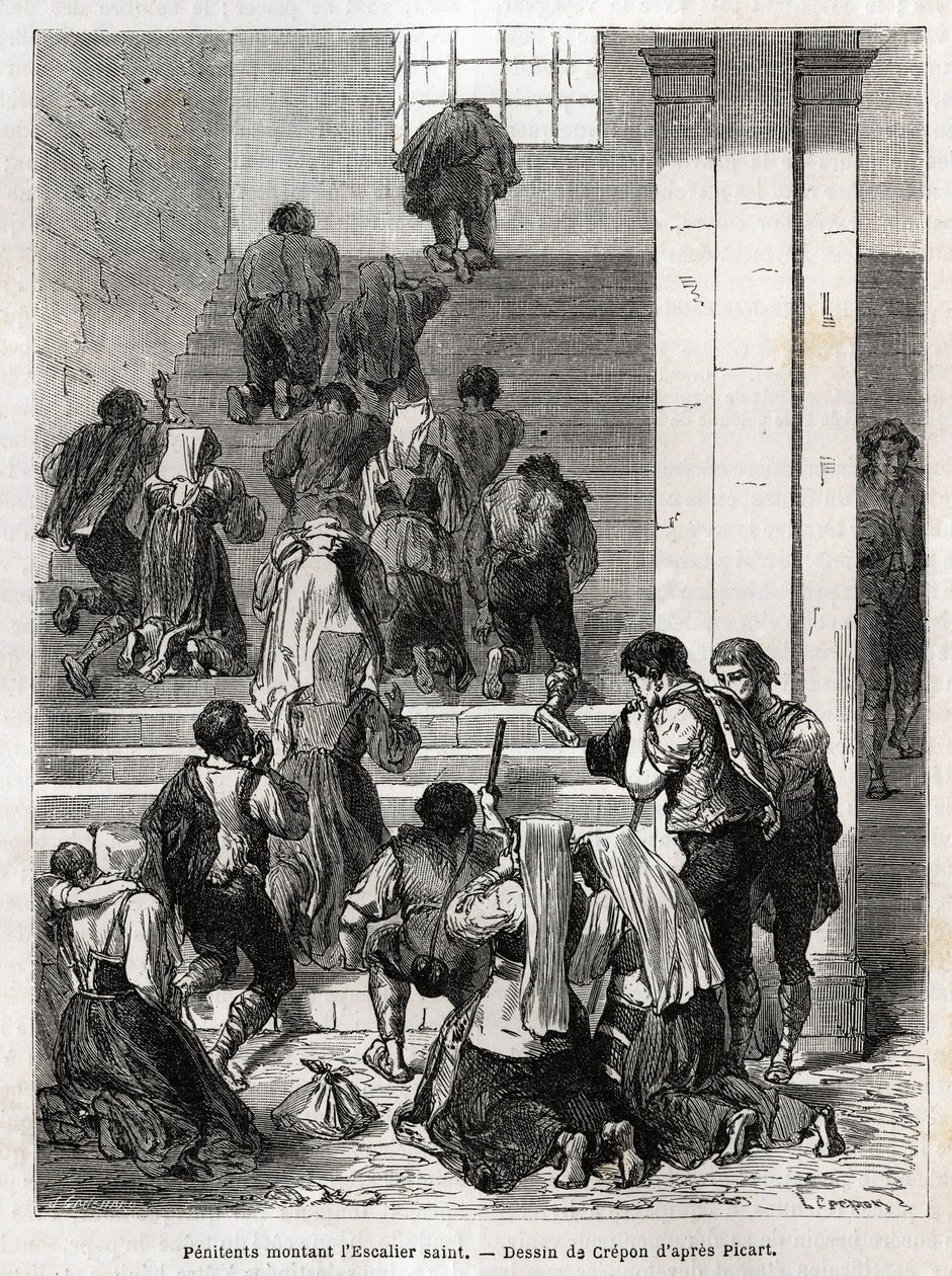 Catholic Penitents Ascending the Holy Staircase to Rome, Engraving to ...