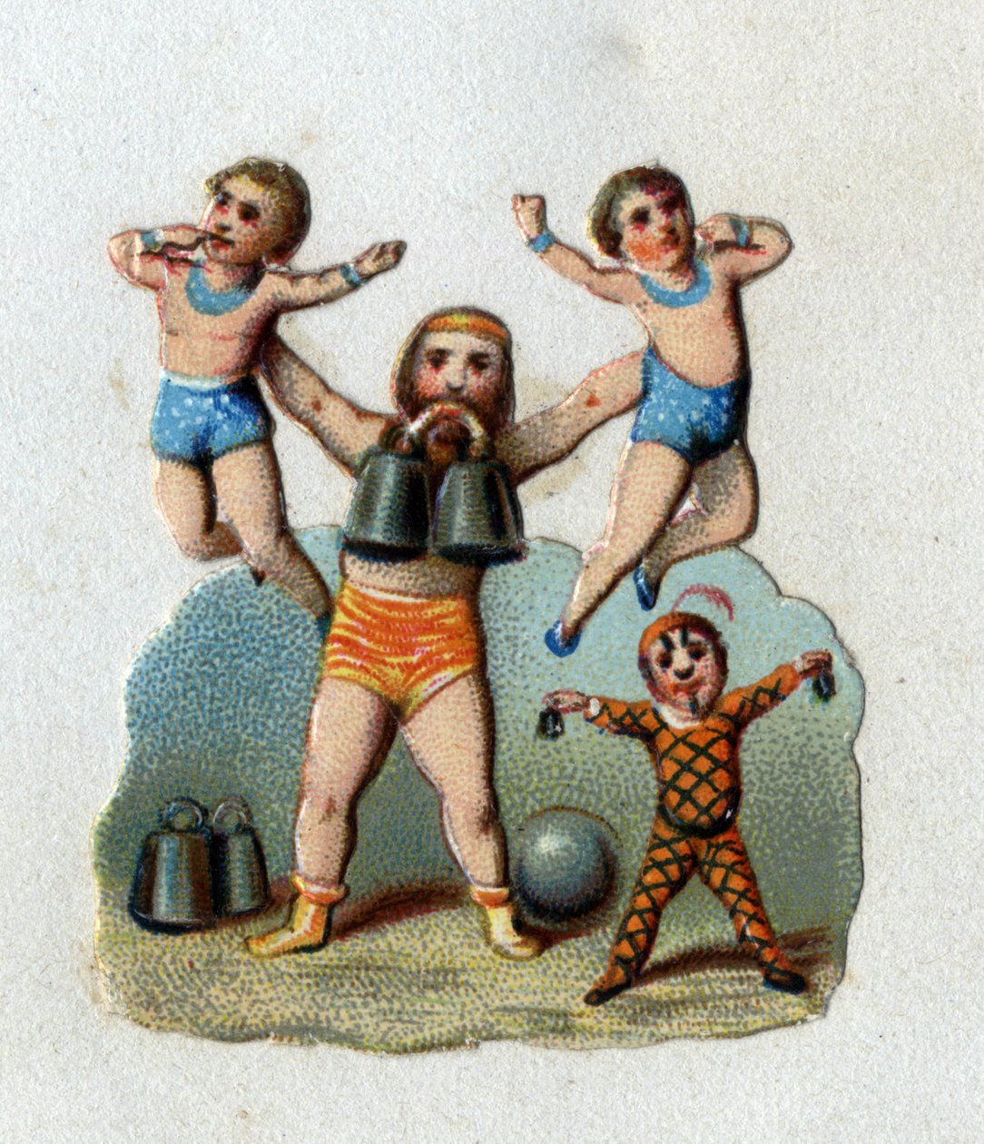 Circus: an alterophile lifts two men at arm's length while holding a ...
