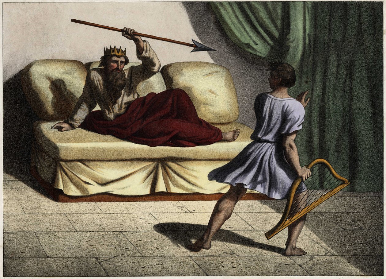 David playing the cithar before King Saul to appease him
