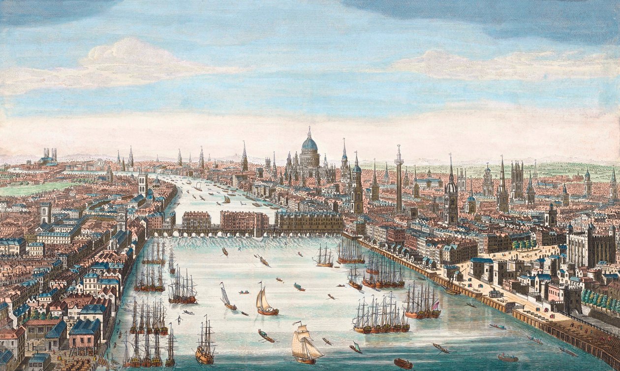 London in the 18th Century, View up the River Thames to London Bridge ...
