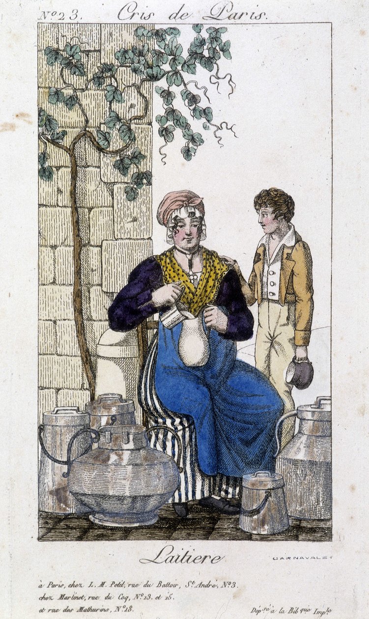 Milk pouring milk into a bottle for a young man - in Cris de Paris ...