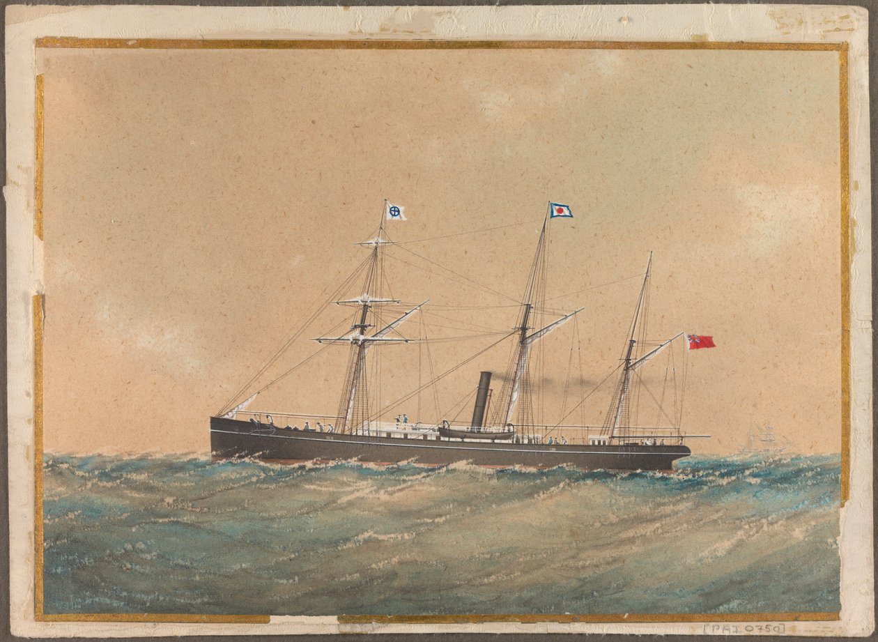 Screw steam ship flying Satsuma flag, probably 'Lotus', early 19th century