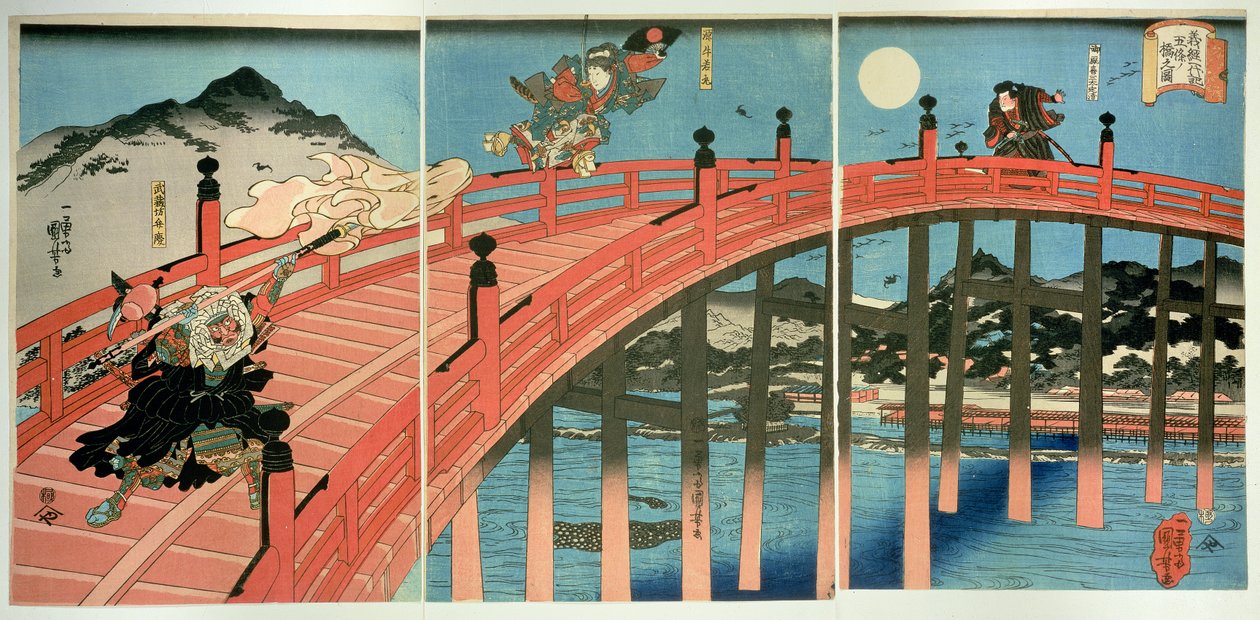 Ushiwaka and Benkei Fighting on Gojo Bridge (published c.1839)