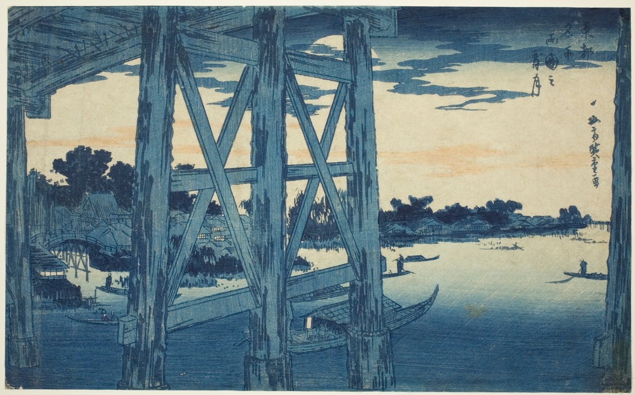 Twilight Moon at the Ryogoku Bridge, from the series 'Famous Views of ...