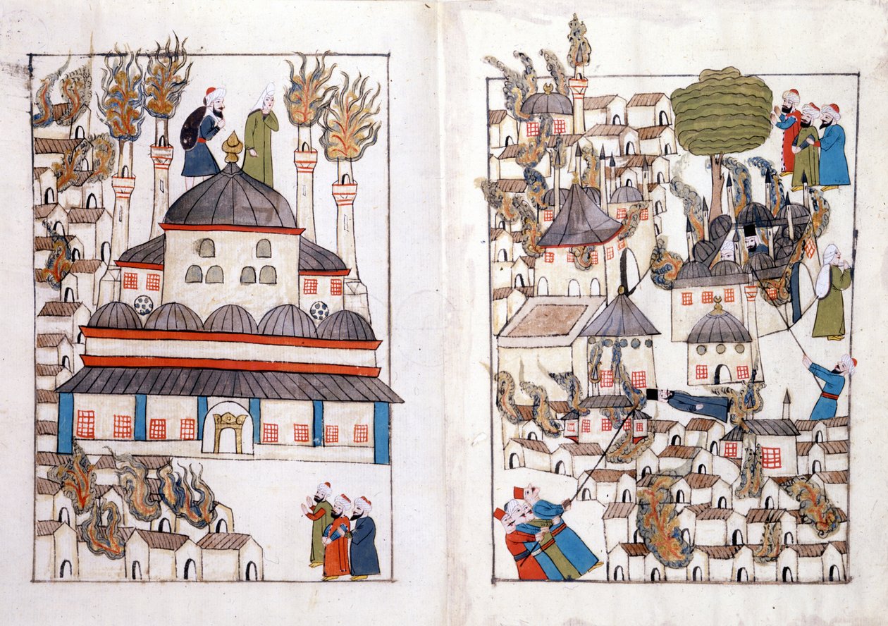 A fire in Constantinople in 1660. Miniature from 'Turkish Memorials ...