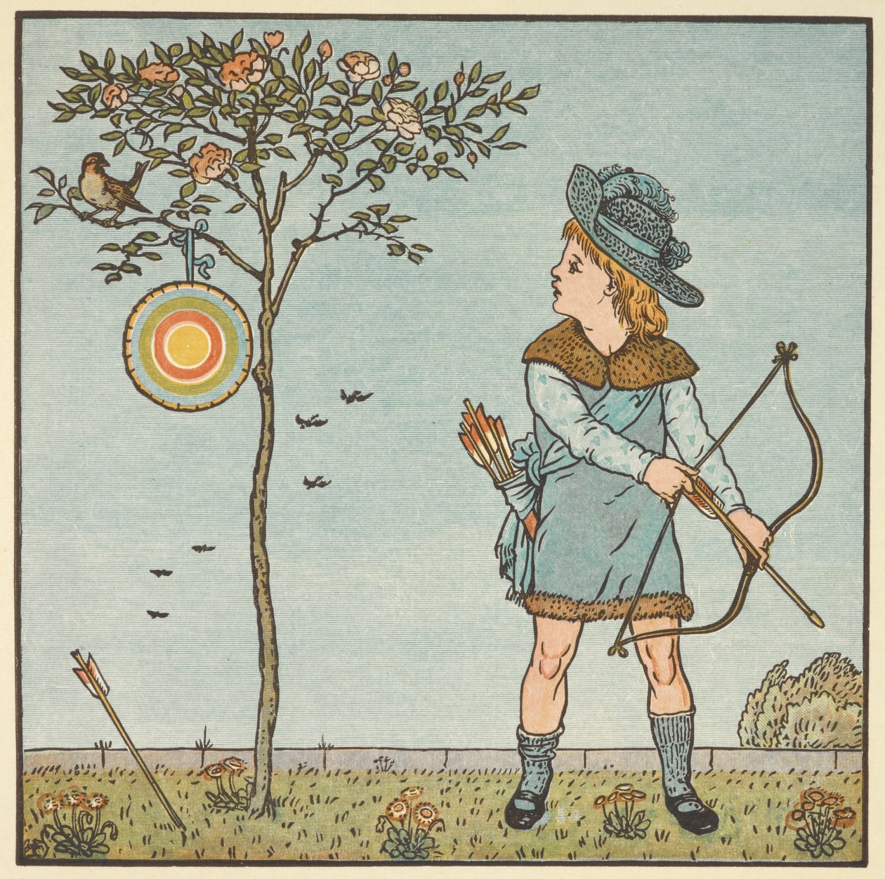 Colour illustration for 'The Little Cock Sparrow'. A little boy with a ...