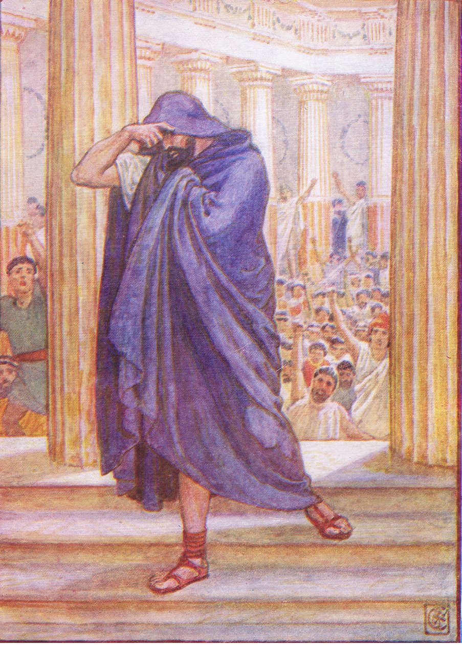 He left the Assembly, hiding his face in his cloak, illustration from ...
