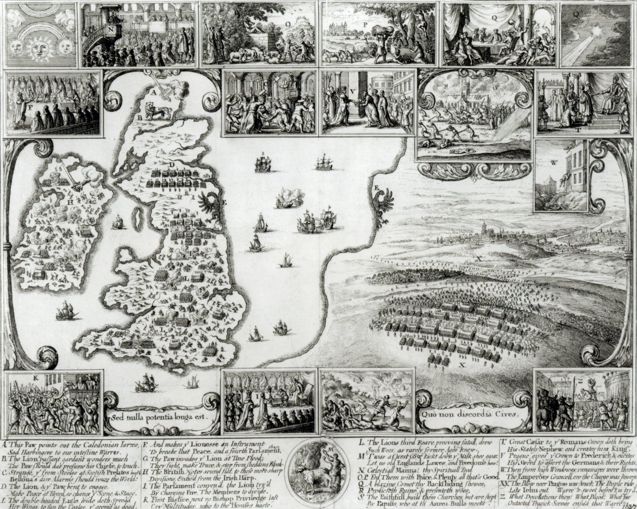 Map of Civil War England and a View of Prague, 1632