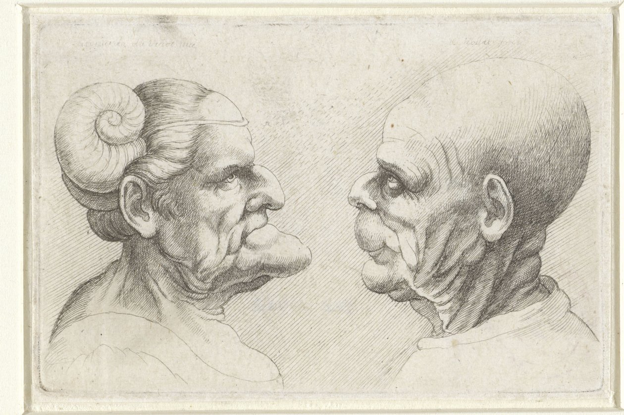 Deformed Heads of a Bald Man and Woman with Horns on Their Heads