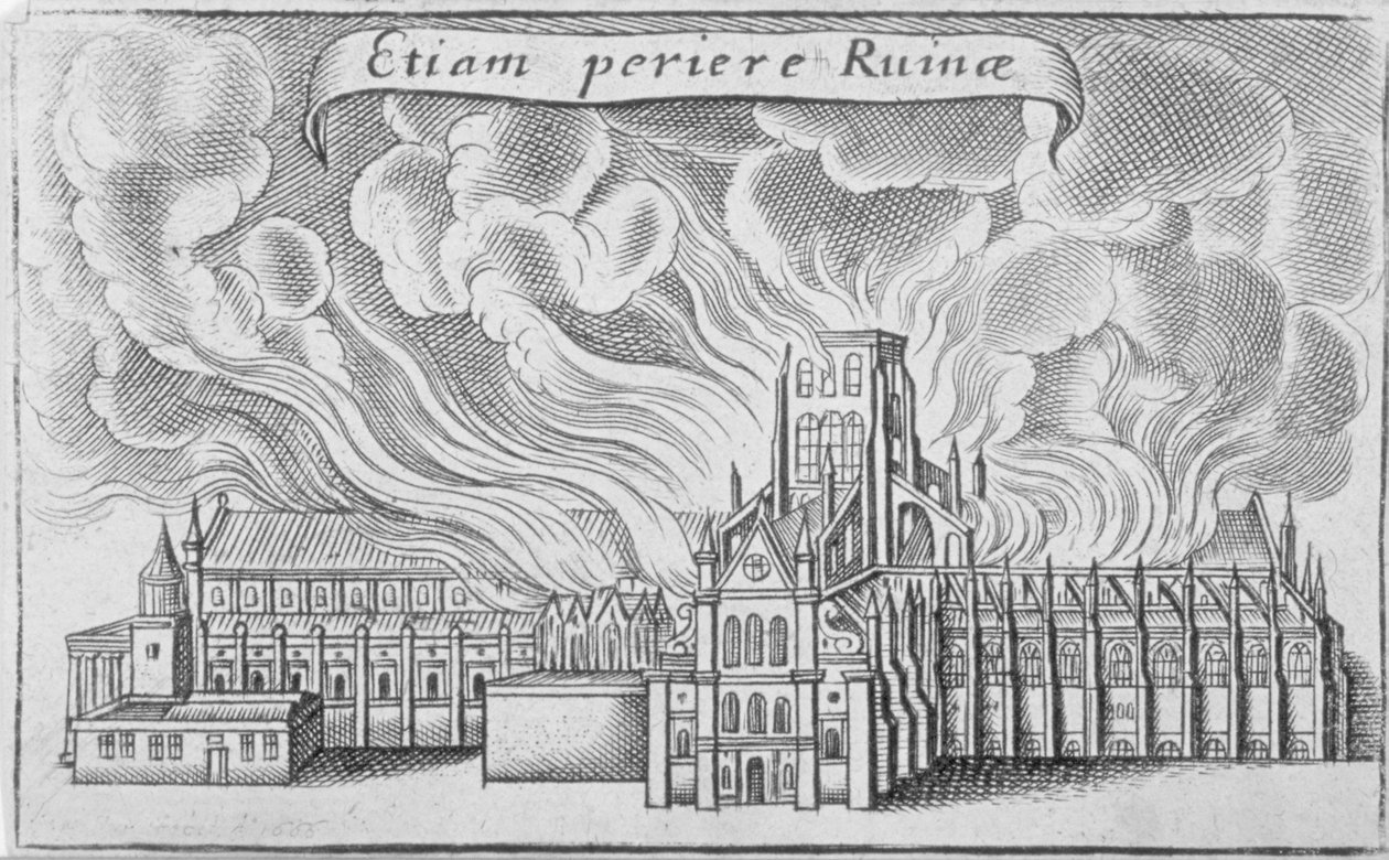 Old St Paul's Cathedral burning in the Great Fire of London, 1666