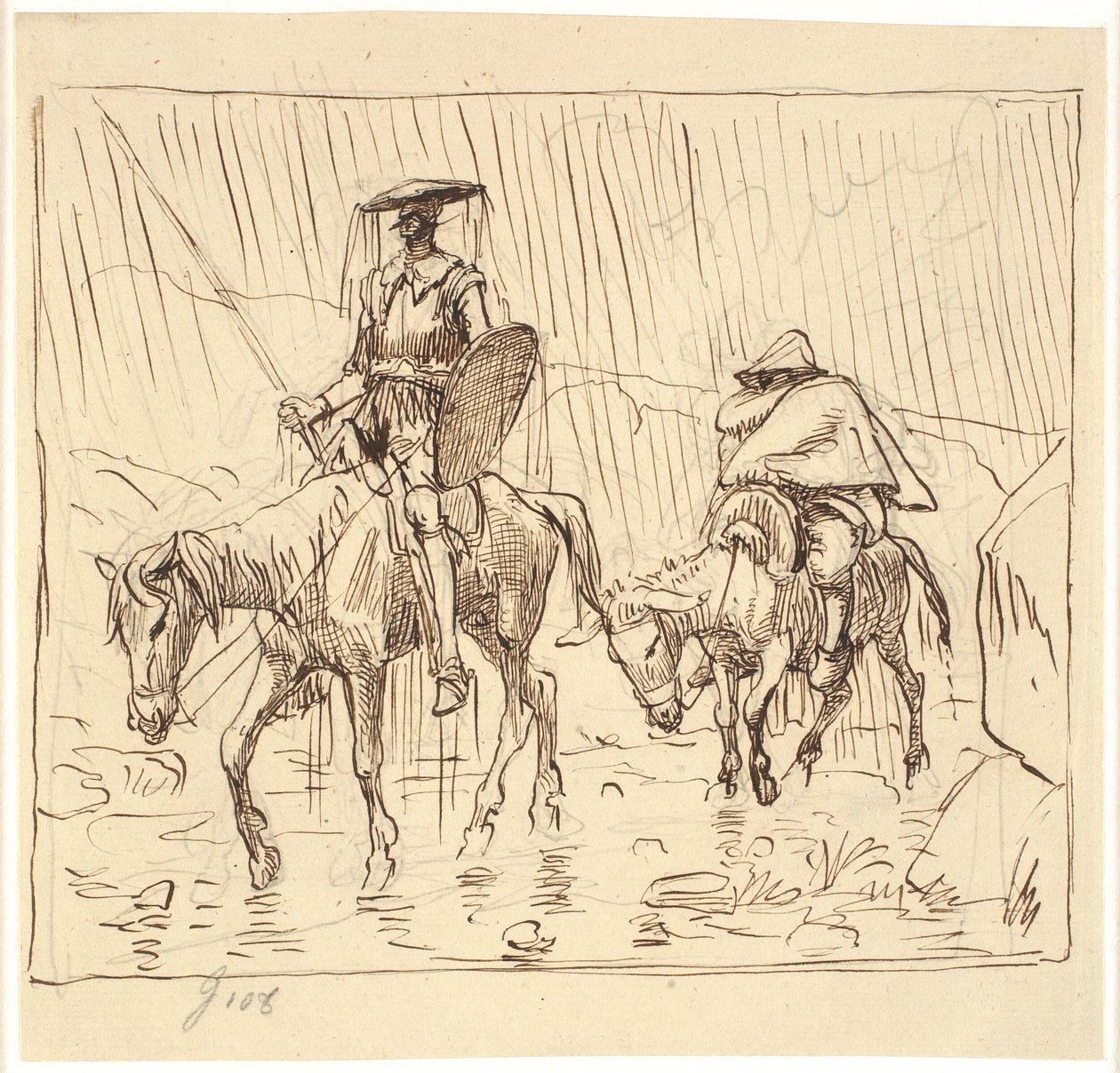 Don Quixote and Sancho Panza Riding in the Rain