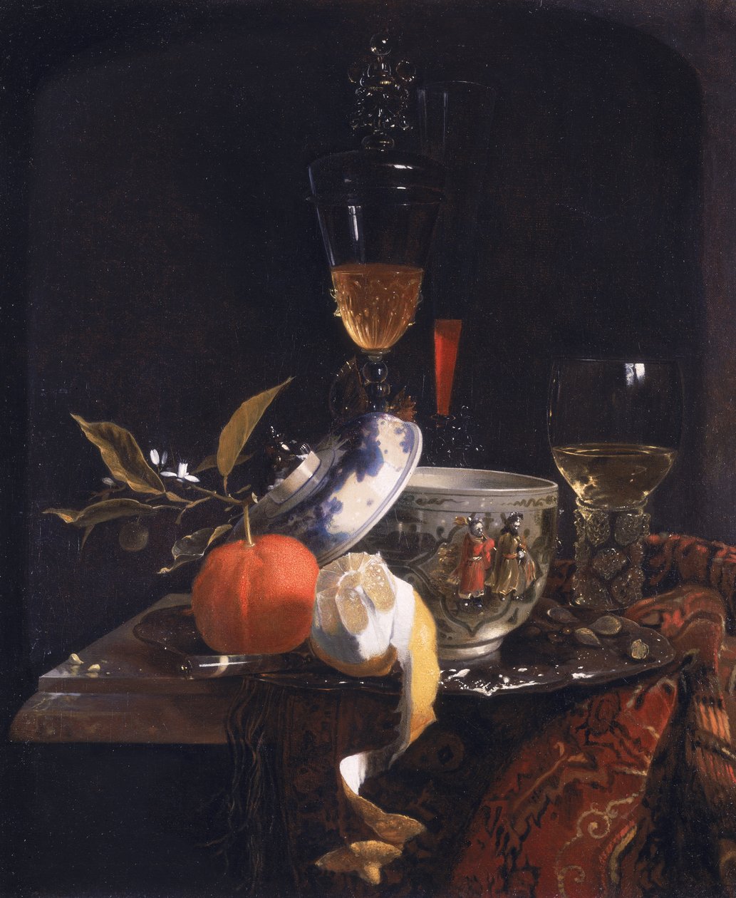 Still Life with Chinese Sugar Jar, Glass Goblet and Fruit
