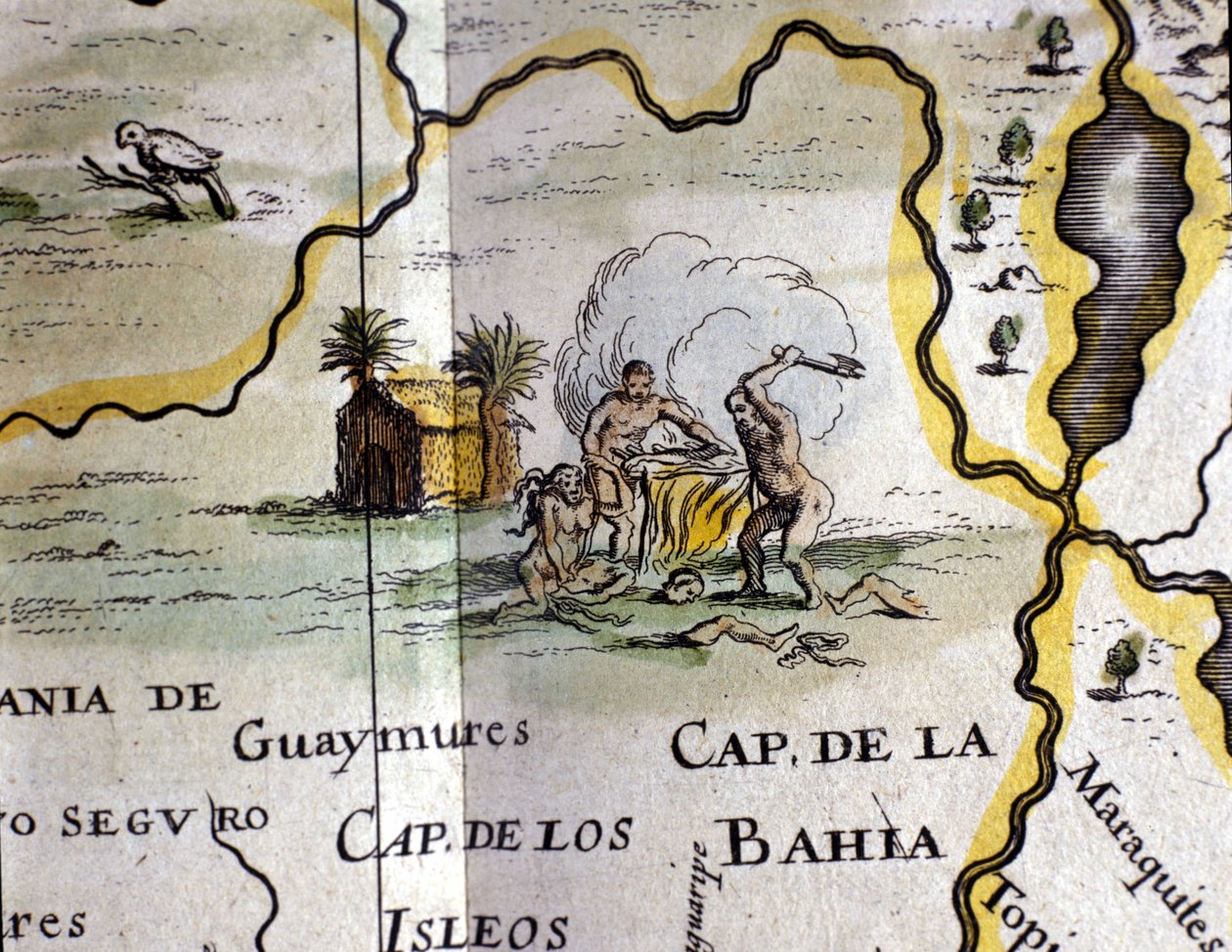 Brazil. Cannibals representing a man with an axe. Detail of a map of ...