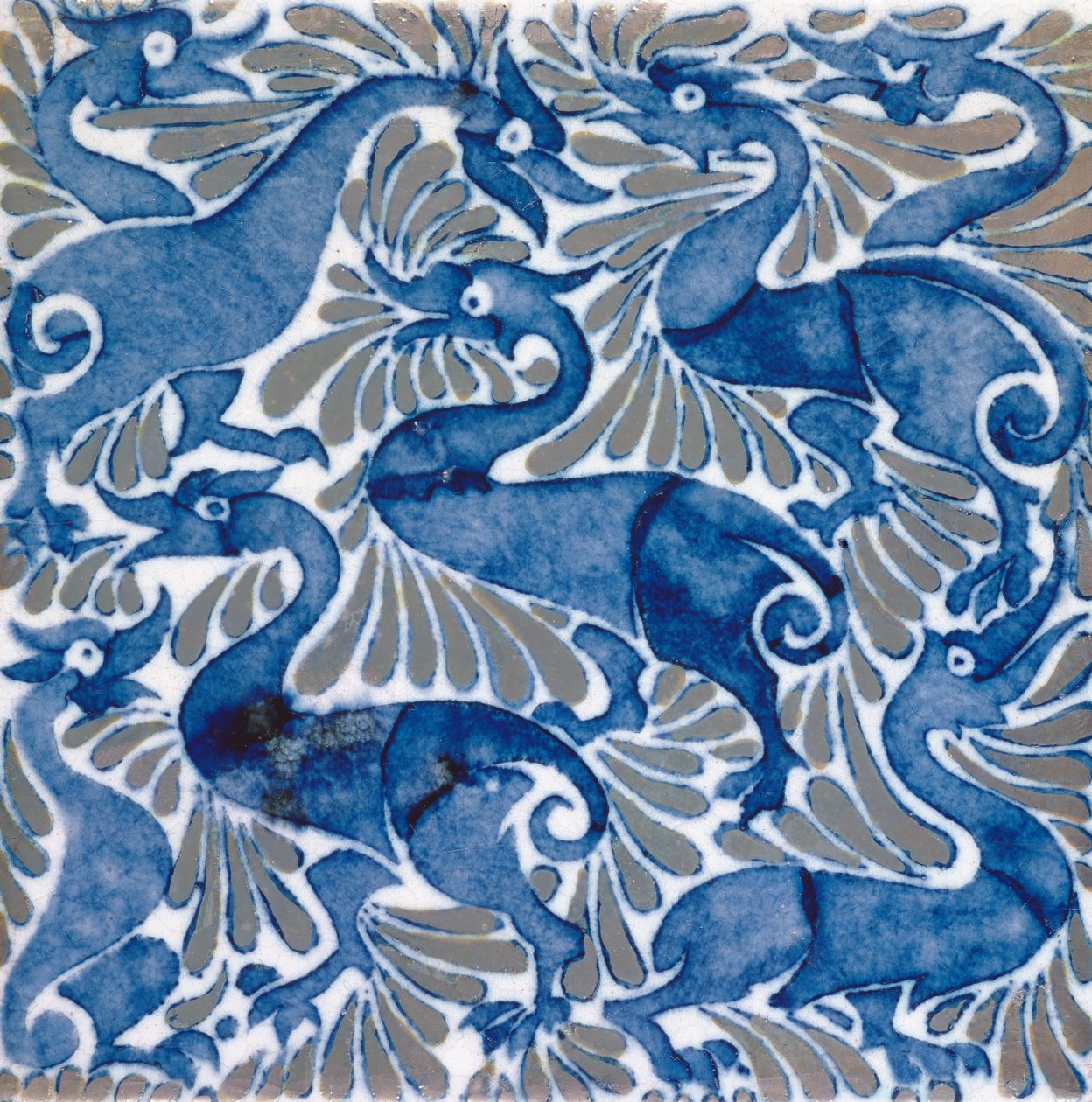 Tile with Dark Blue Bird-like Dragons amongst Foliage, 1898