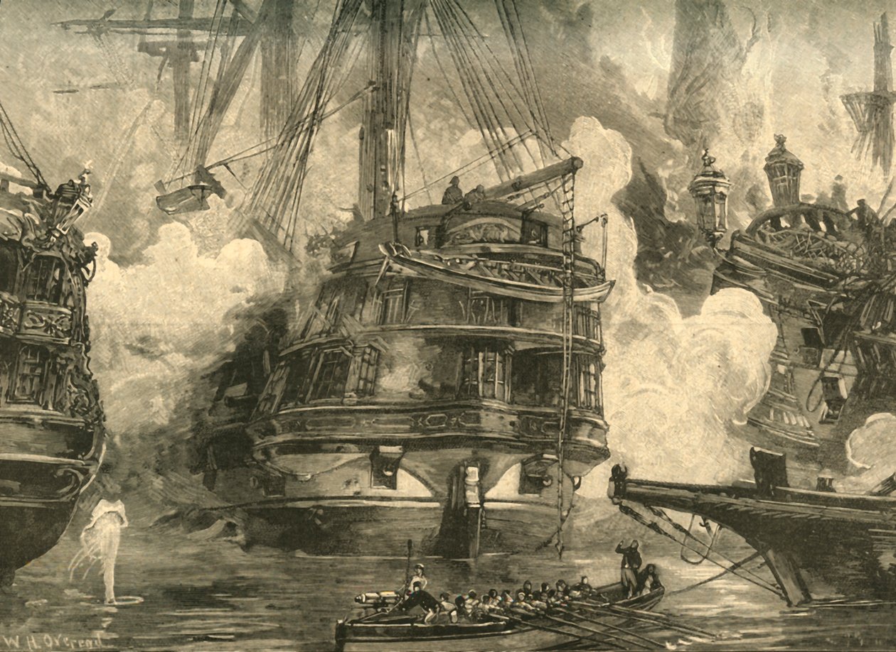 Battle of Navarino: HMS Asia engaging the ships of Capitan Bey and ...