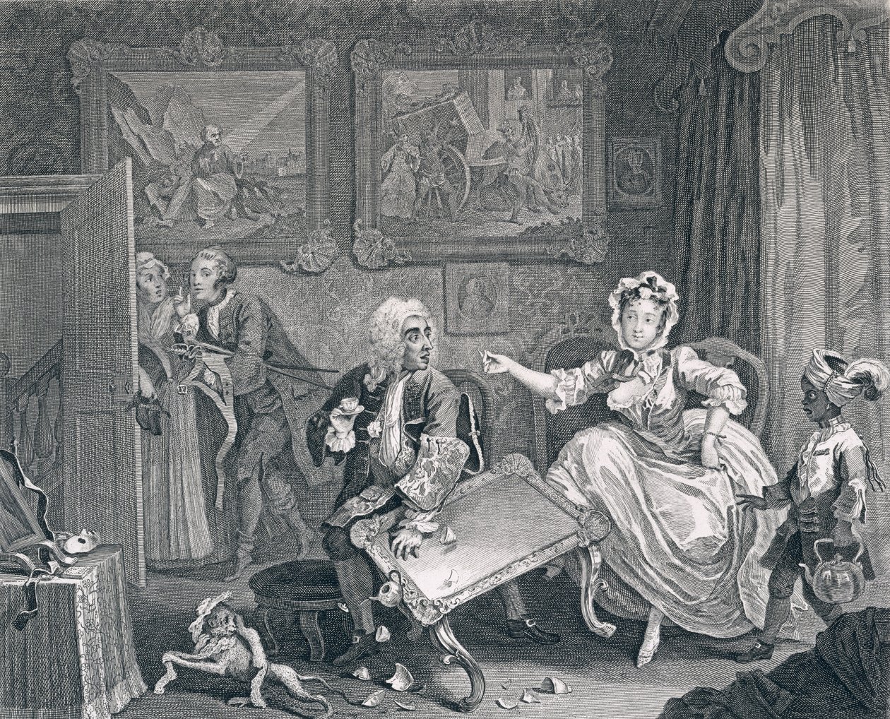 A Harlot's Progress, Plate Two: Quarrels with her Jew Protector, 1732
