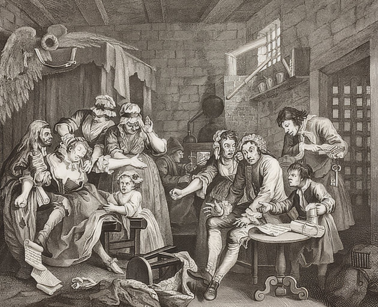 A Rake's Progress, Plate 7: The Rake in Prison. 1735