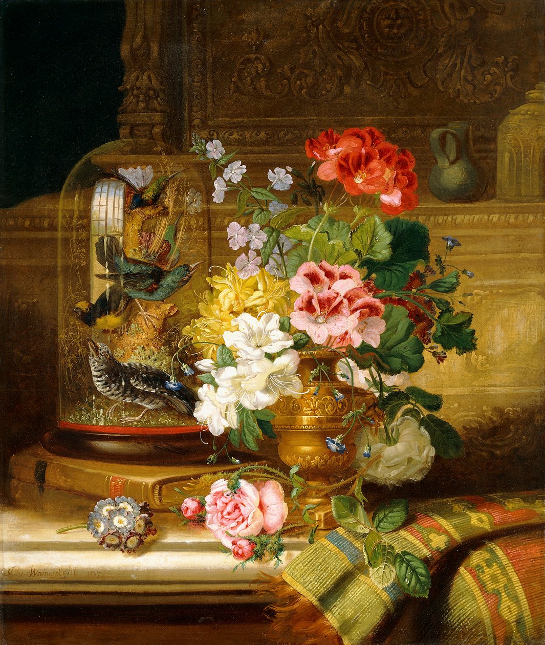 A Vase of Assorted Flowers and Songbirds on a Ledge