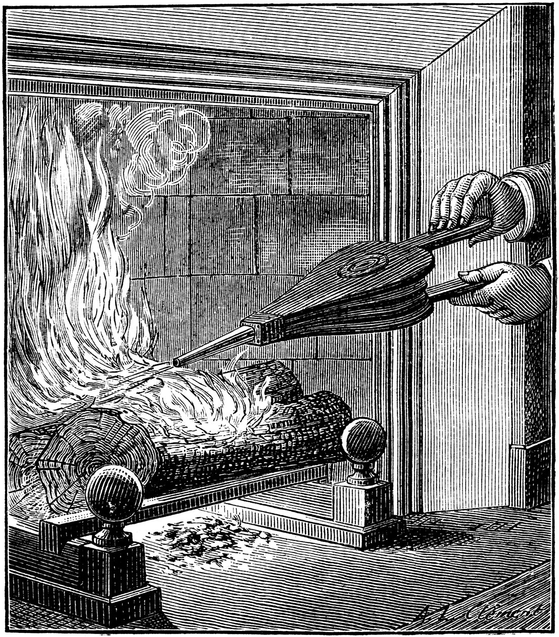 Fire in a Chimney: A Bellows Fans the Flame by