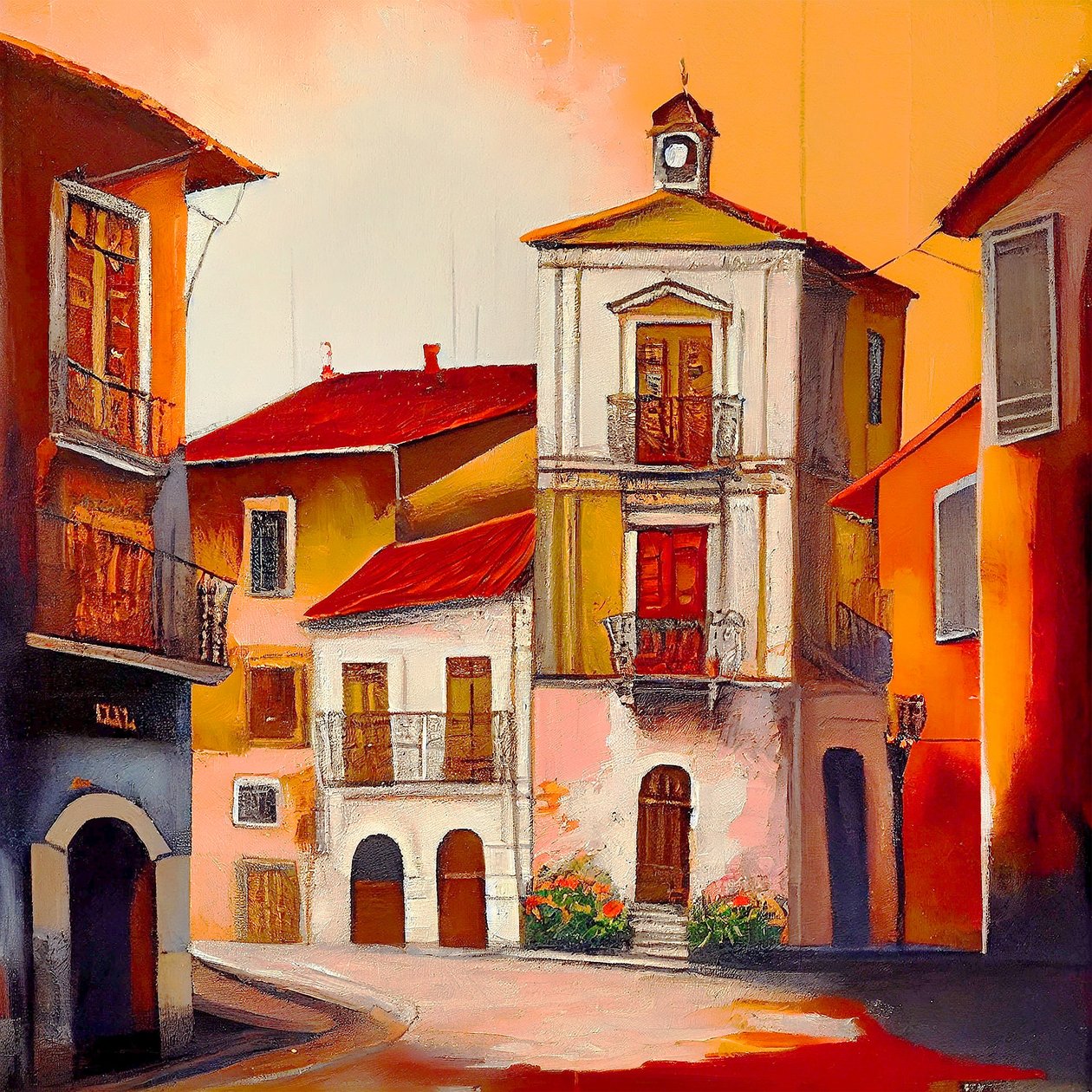 Beautiful Vintage Paintings of Old Village in Warm Tones