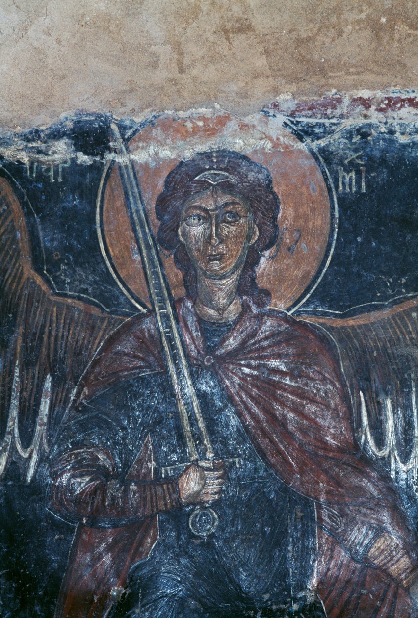 Angel holding sword, fresco in Byzantine church of St George, Komitades ...