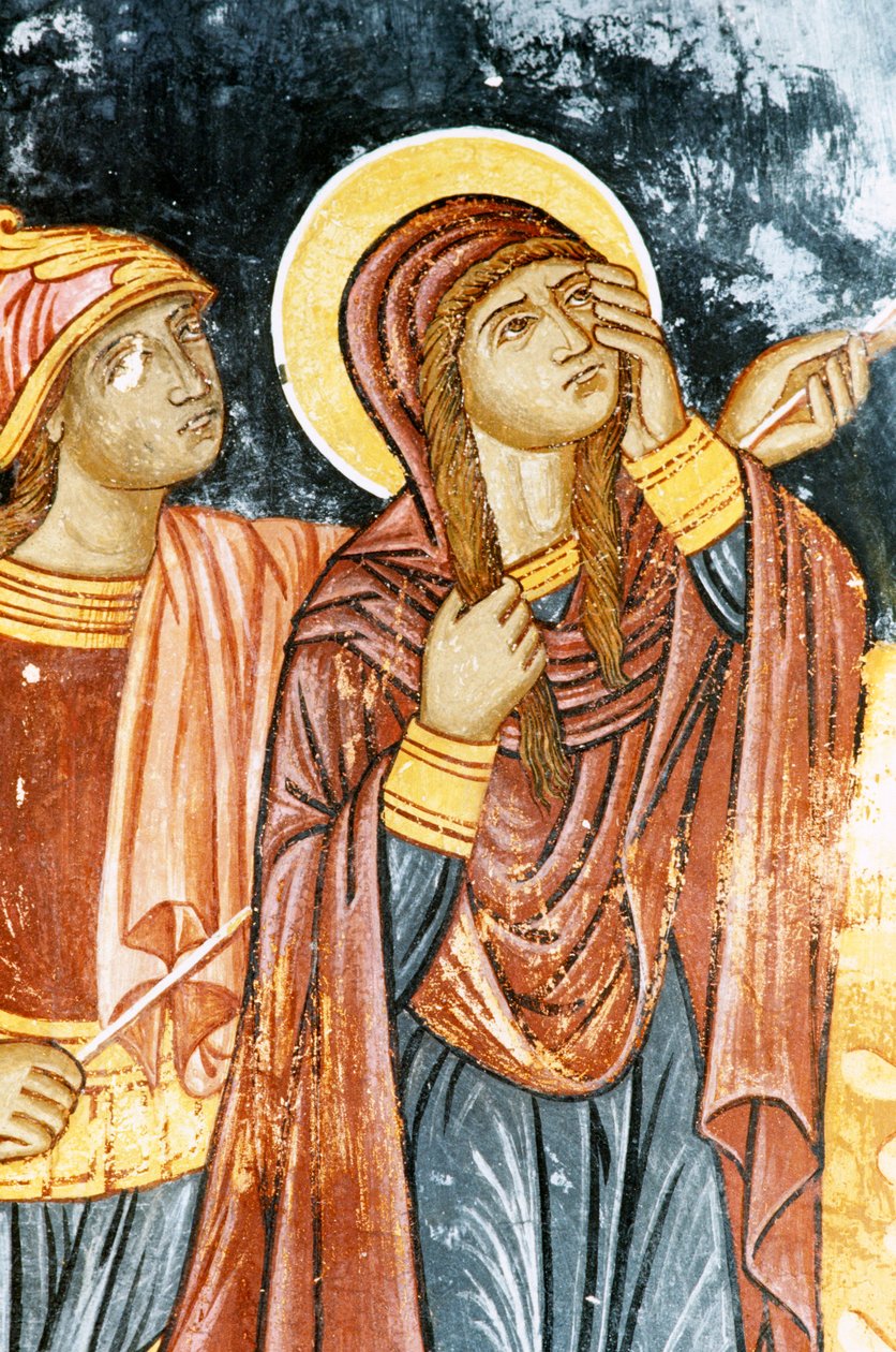 St Longinus and Mary, Crucifixion scene, fresco in Mikro Sotiris ...