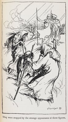 Illustration of the three witches, Macbeth and Banquo