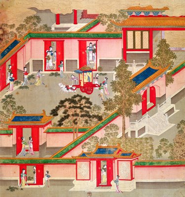 Emperor Wu Ti leaving his palace, from a history of Chinese emperors