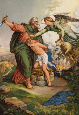 Angel intervening to stop Abraham from sacrificing his son Isaac ...