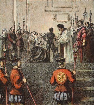 Execution of Mary, Queen of Scots, pub. 1890 (colour lithograph)