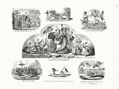 Cartoons by George Cruikshank on the theme of outsized ladies' bonnets ...