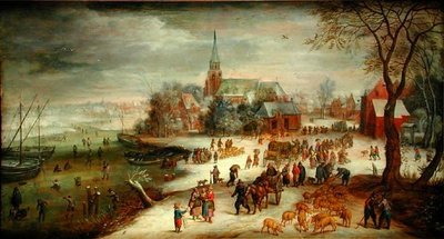 A view of Shelle and the river Scheldt in winter with a market and skaters