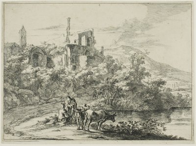 Landscape with Ruins and Two Cows at the Waterside, from a series of ...