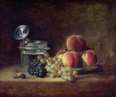 Still Life with a Basket of Peaches, White and Black Grapes with Cooler ...