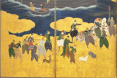 (Detail) of the Southern Barbarians Come to Trade, Pair of Six-Panel ...