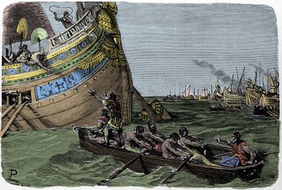 Marc Antony joins Cleopatra in flight after the defeat in the Battle of ...