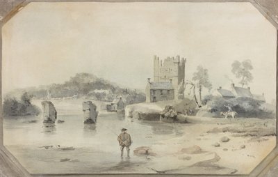 Bywell Castle and Ruins of a Bridge (pencil and watercolour on paper)