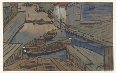 Boats in a ditch between barns by Maurits van der Valk