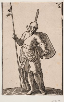 Standing soldier, frontal view; headgear with high, thin top; in r ...