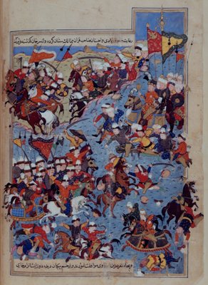 Battle between Timur (1336-1405) and Tuqtamish Khan in 1395, from the ...