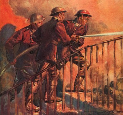 British firemen of the wartime National Fire Service fighting a fire ...